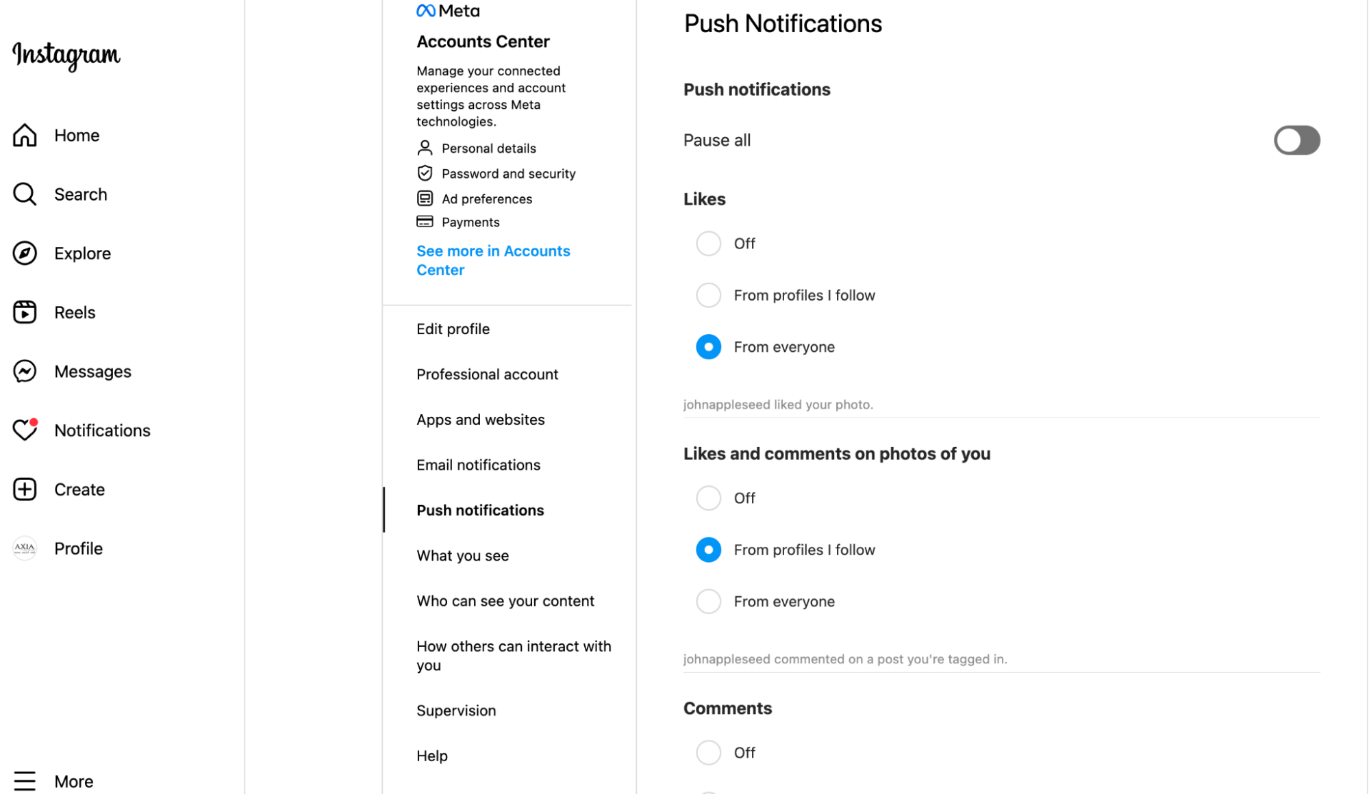 How to turn off Instagram notifications for accounts you manage